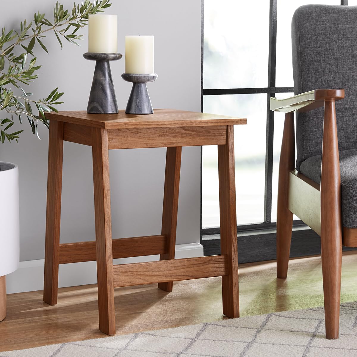 Small Square Wood End Table/Side Table for Living Room, Modern Industrial Square Wood Nightstand, Walnut Finish