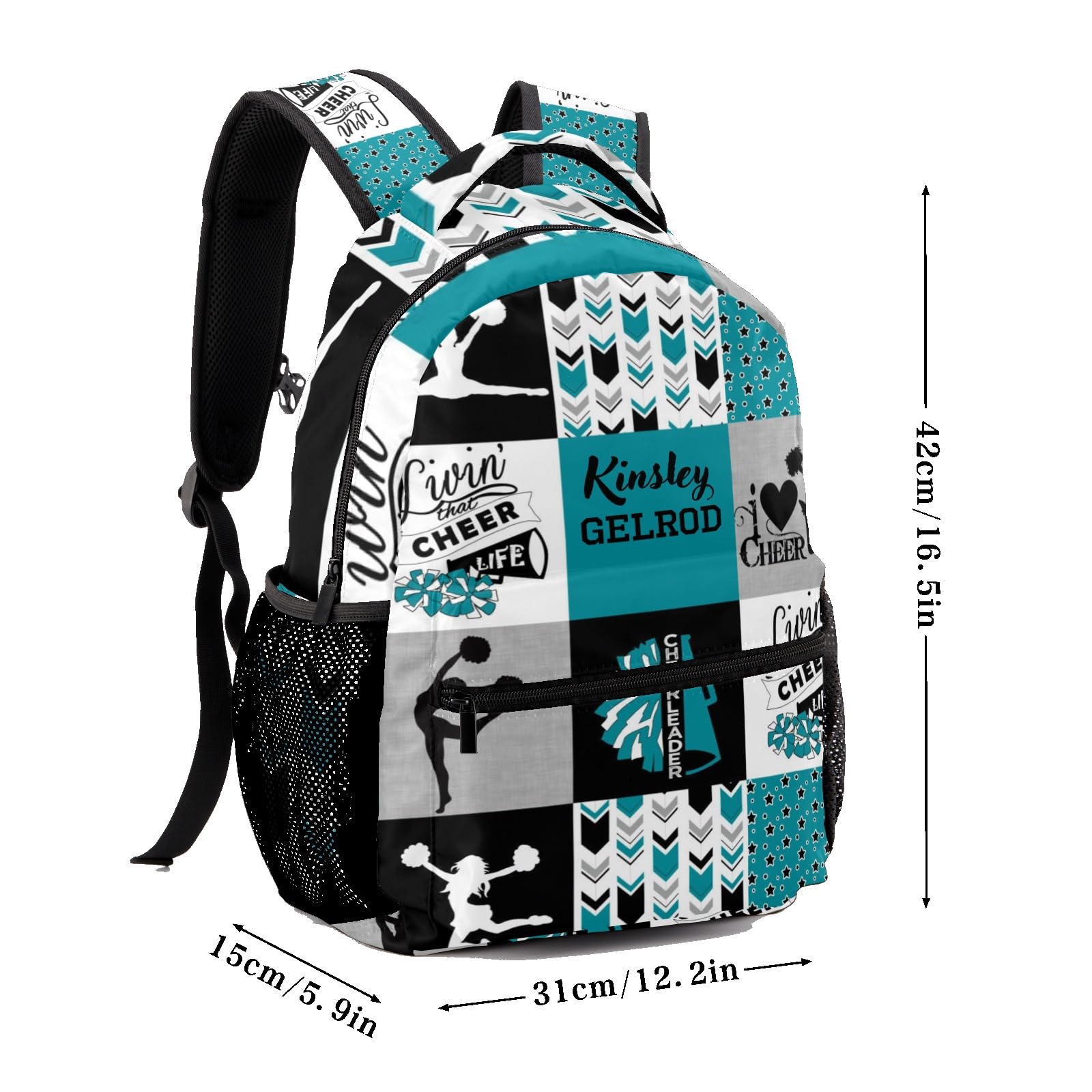 Urcustom Custom Kid Backpack, Teal I Love Cheer Cheerleader Personalized School Bookbag with Your Own Name, Customization Casual Bookbags for Student Girls Boys