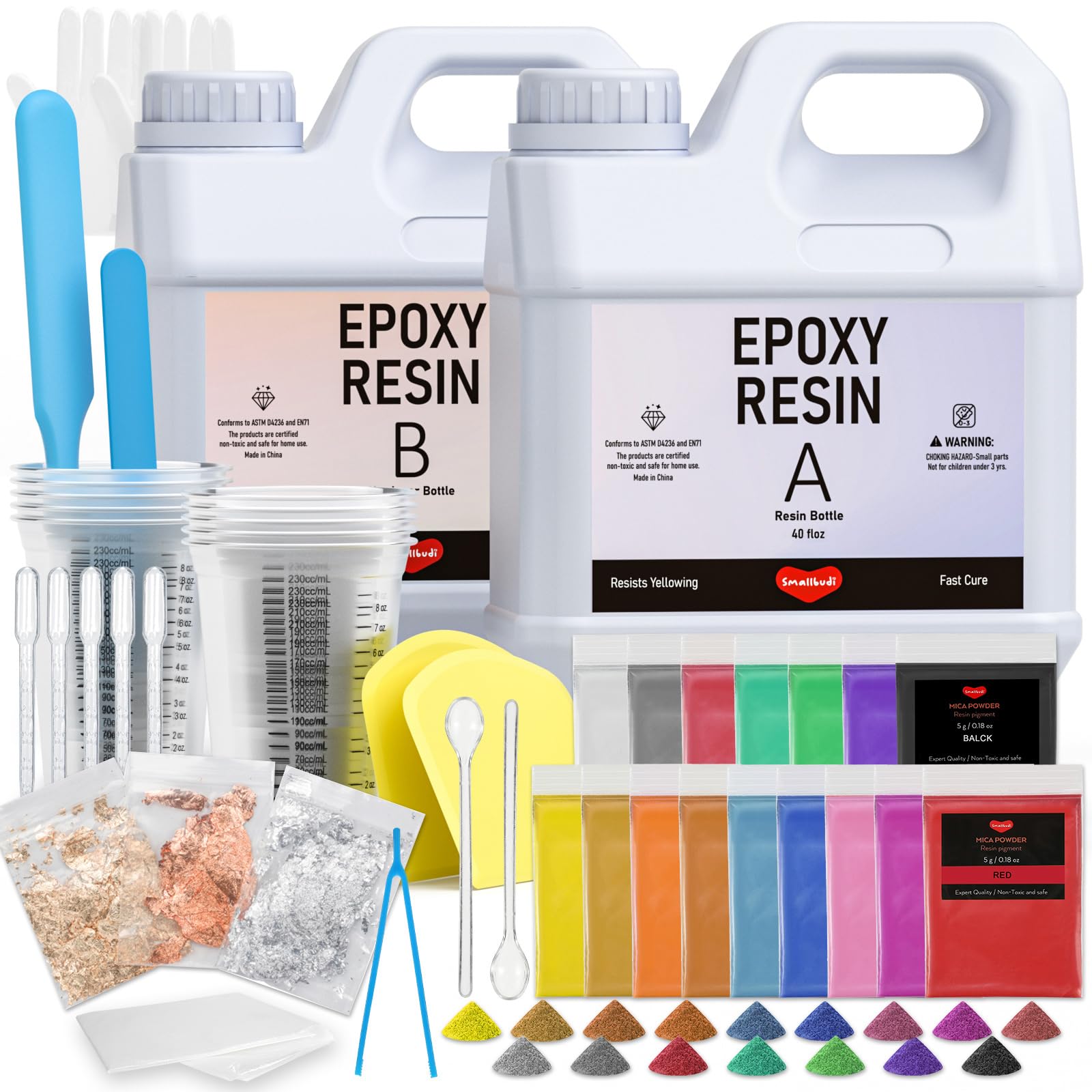 Smallbudi 80 OZ Epoxy Resin Kit with 16 Colors Mica Powder, Gold Foil, Cups & Stick, Crystal Clear Resin Beginner Supplies for Coating and Casting, Molds, Jewelry Making, DIY Art Craft, 1:1 Ratio