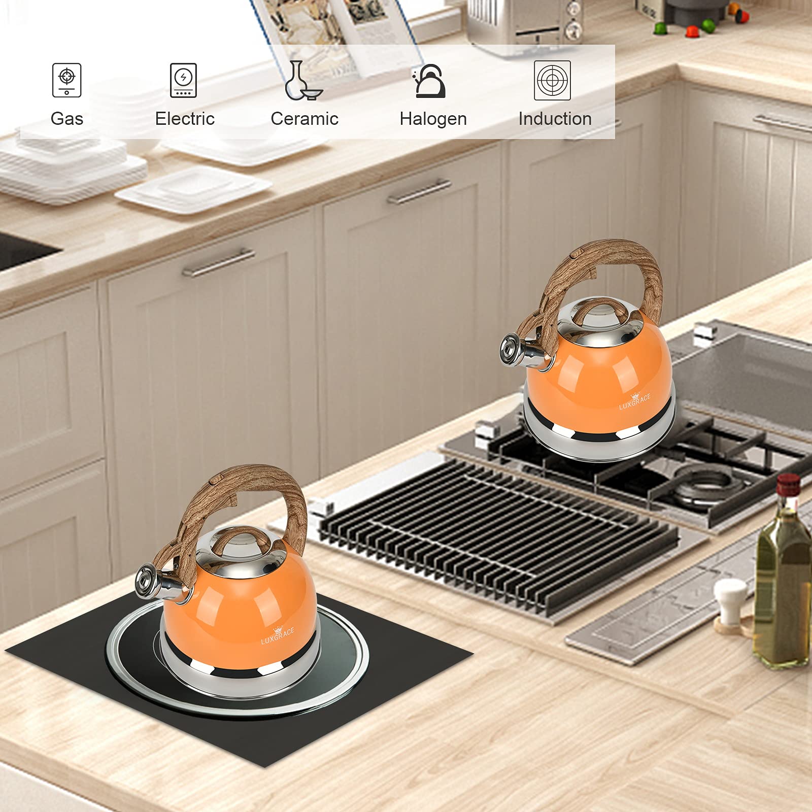 s-p Tea Kettle -2.5 Quart Stovetop Whistling Teapot Stainless Steel Tea Pots for Stove Top Whistle Tea Pot, Orange