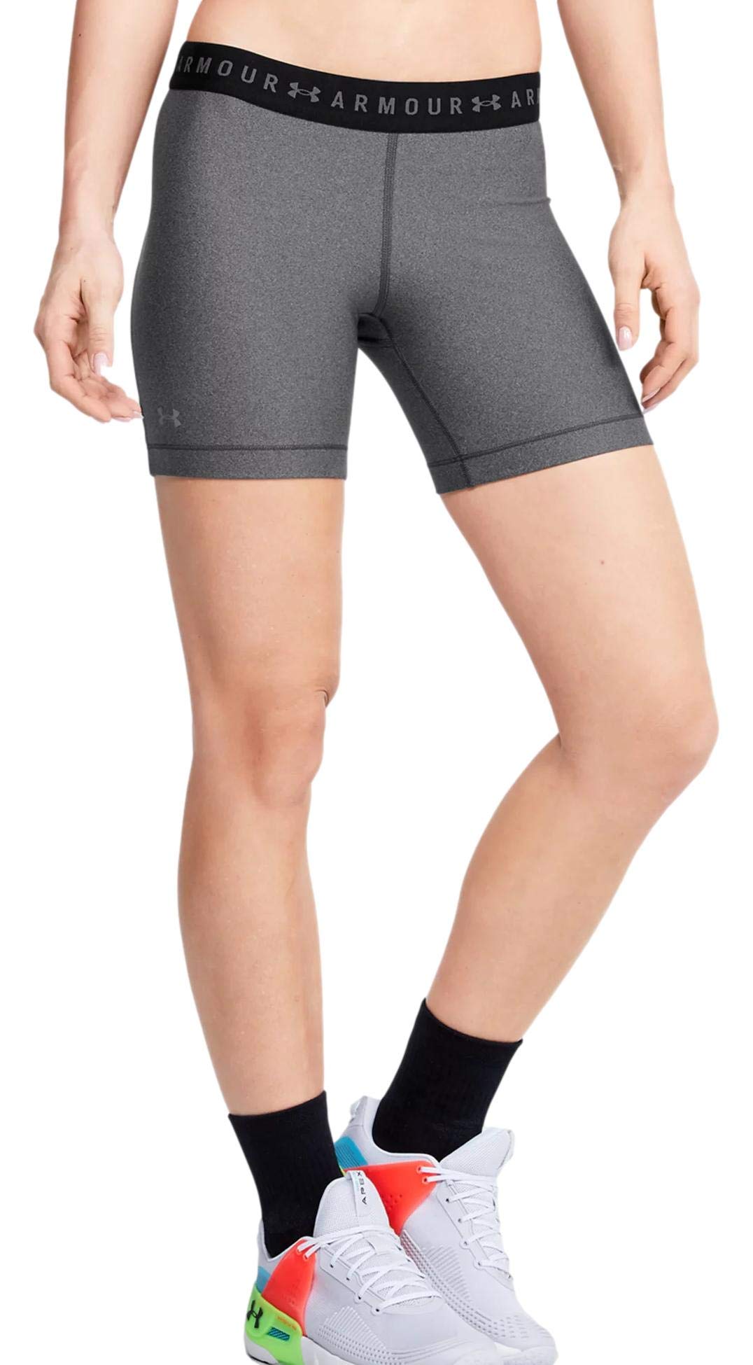 Under Armour Women's HeatGear Middy Shorts (Charcoal Light Heather/Metallic Silver, Small)