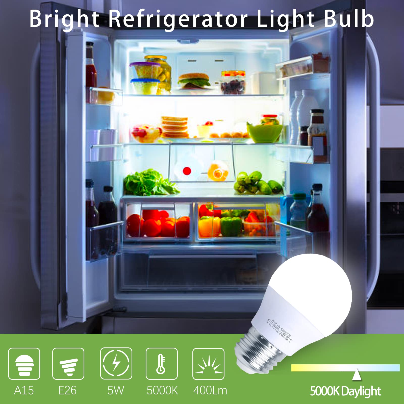 Unfusne LED Refrigerator Light Bulb 4W 40Watt Equivalent, Waterproof Freezer LED Light Bulb IP54, 120V E26 Daylight White 5000K 400 Lumen, Energy Saving A15 Appliance Fridge Bulbs