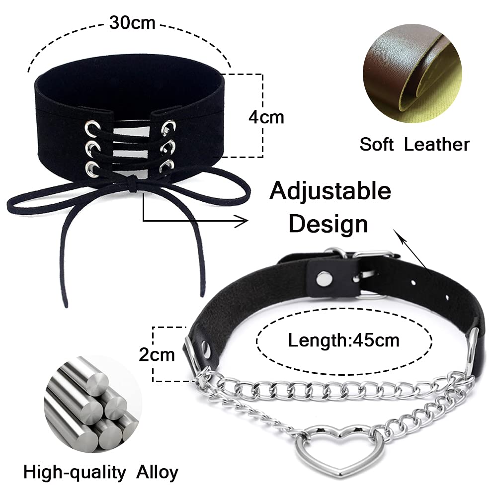 XIMEO 8PCS Black Leather Choker Necklaces - Punk Goth Adjustable PU Leather Choker Collar Metal Rivet Spiked Choker