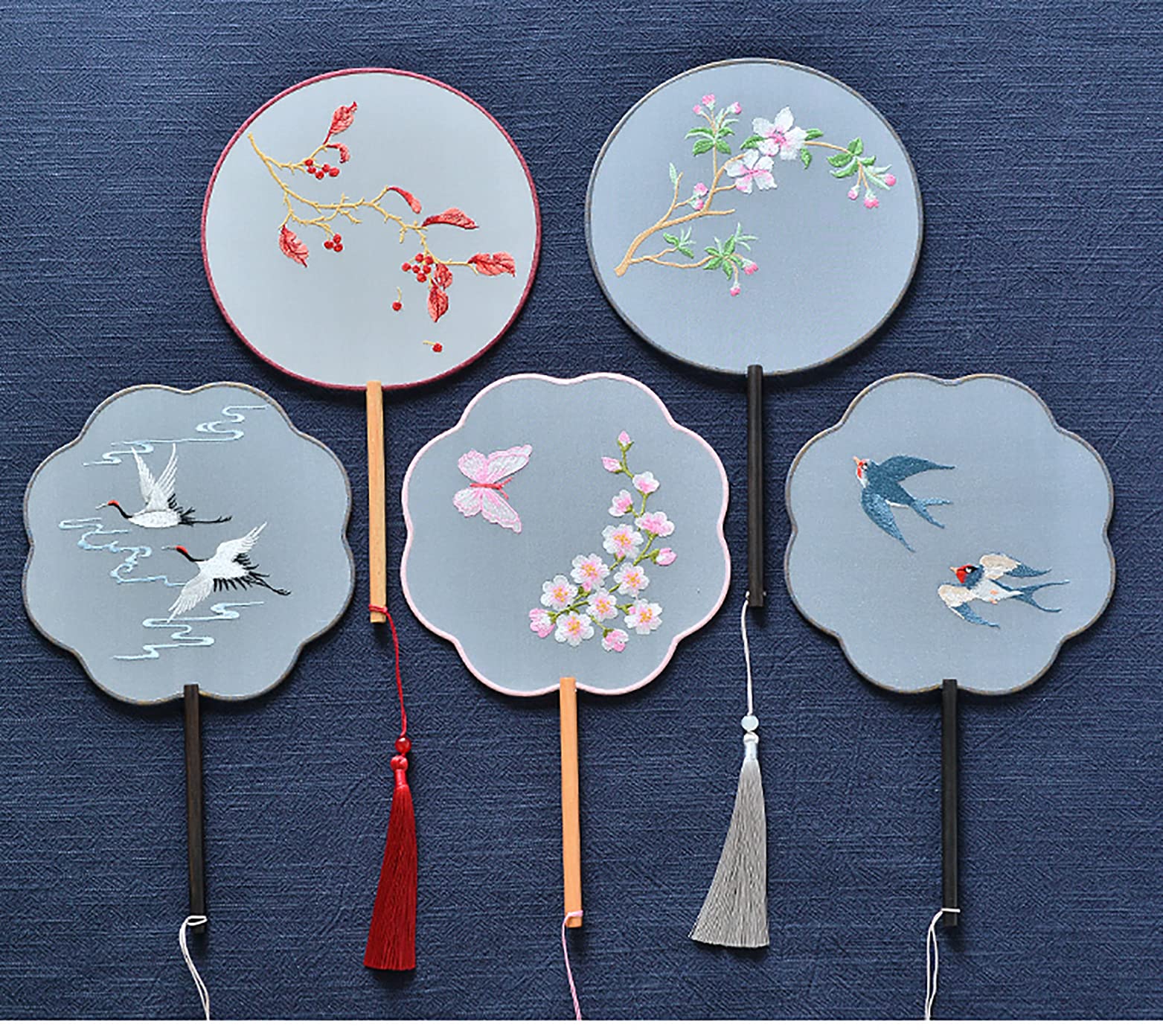 YUELAI Chinese Fan Embroidery Hand Circular Fan, China Ancient Dance Translucent Silk Round Fan Elegant Crane