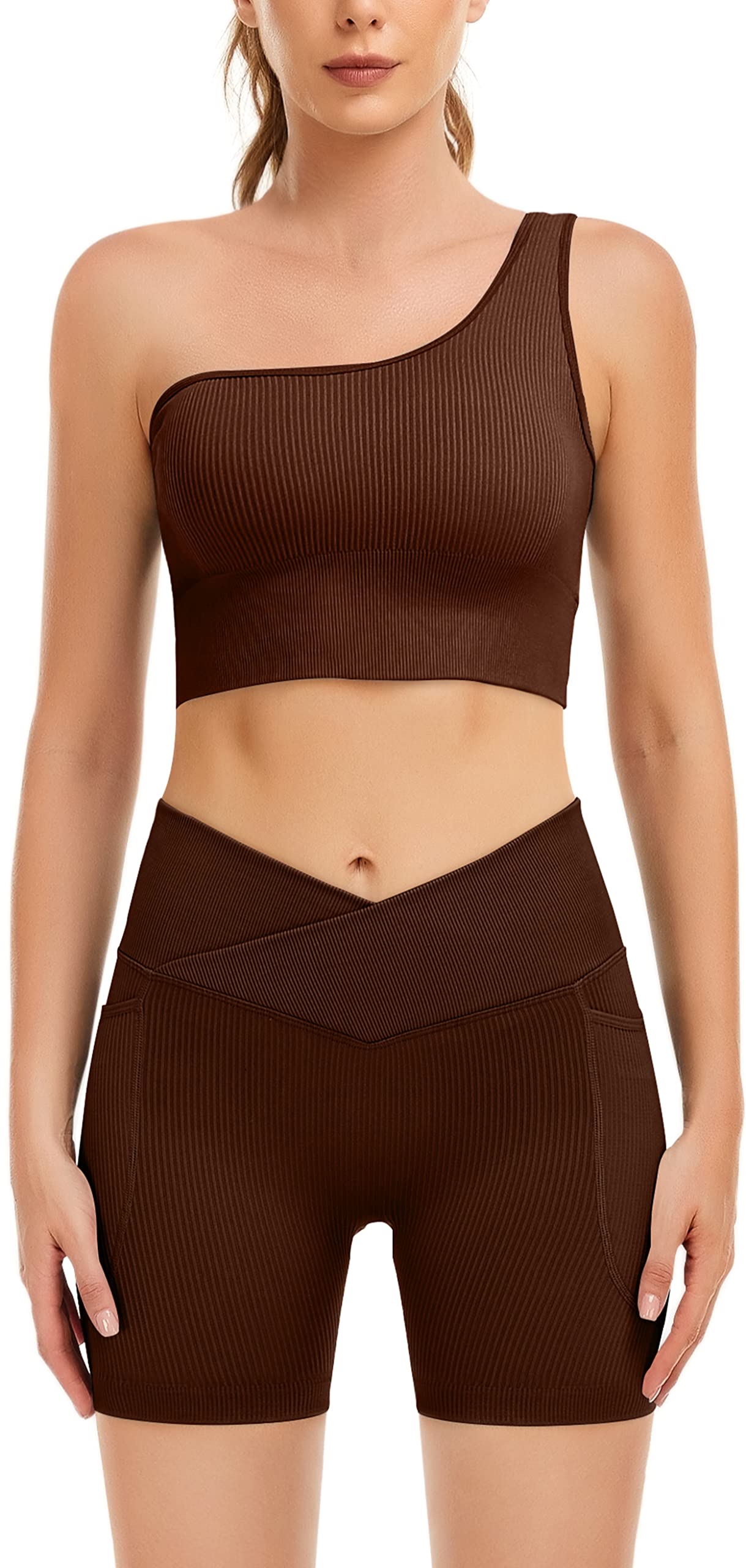 Yoga Workout 2 Piece Seamless Sets with Ribbed Design for Women, No Sleeves with One Shoulder Straps Top