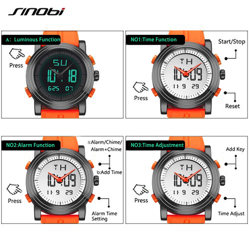 SINOBI Digital Watch Big Case Men Women Sport Watches Luminous Dual Time Display Hour Orange Rubber Strap