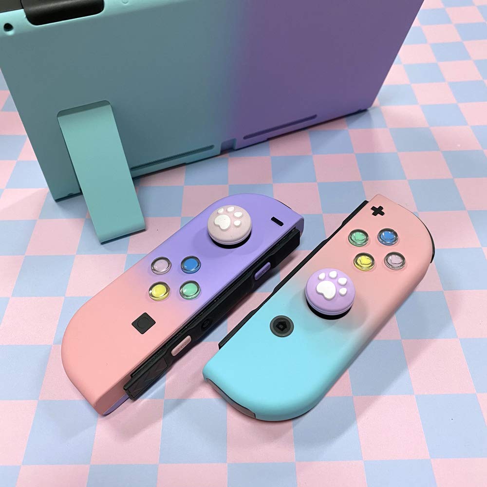 Topsolid NS Switch Joycon Replacement ABXY Direction Keys & Cat Claw Design Thumb Grip Caps, Pink Purple Soft Silicone Cover Joystick Cap for Nintendo Switch & Oled, JoyCon Shell & Tools NOT Included