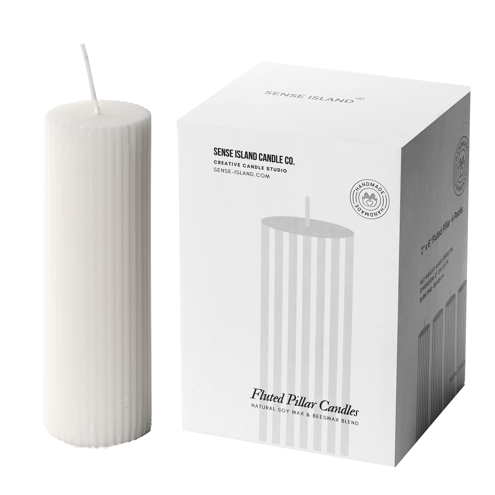 Ribbed Pillar Candles 2x6'' Fluted Column Modern Home Décor Vanilla Scented Soy Wax Handmade (4 Packs, Cloudy Blue)