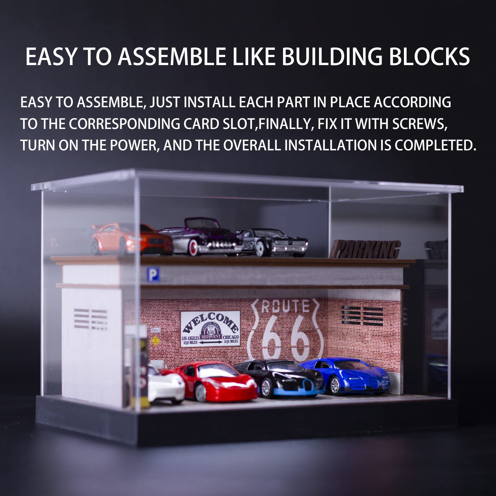 SIKIVOT 1/64 Scale Hot Wheels Display Case ,Parking Lot Model Car,Die-cast Car Garage Display Case, Hot Wheels Parking Garag,8 Parking Space with LED Light and Acrylic Cover (7641 Red Brick Wall