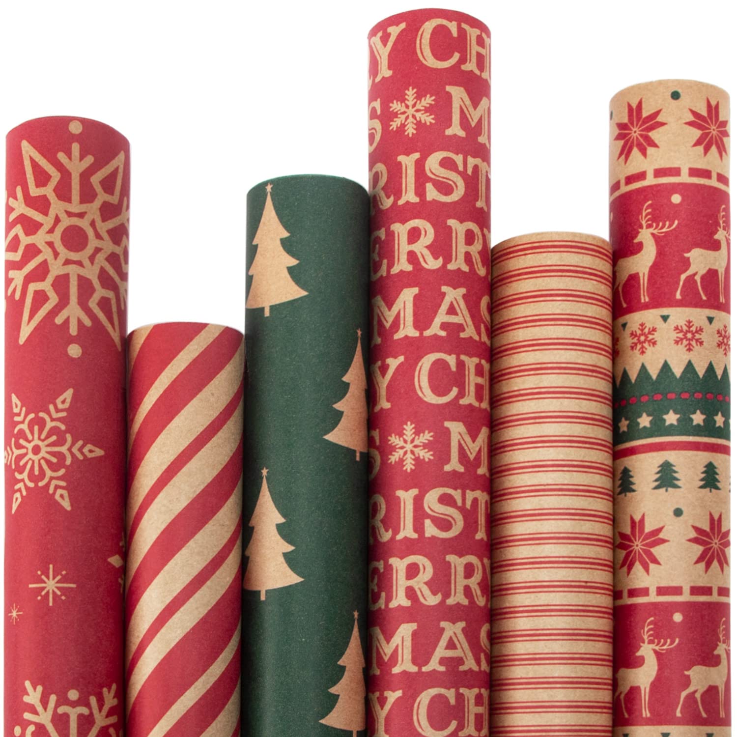 Ribbli Kraft Wrapping Paper with Snowflake/Tree/Stripe Patterns - 6 Rolls Red and Green Christmas Assortment, 30 x 120 Inches Per Roll