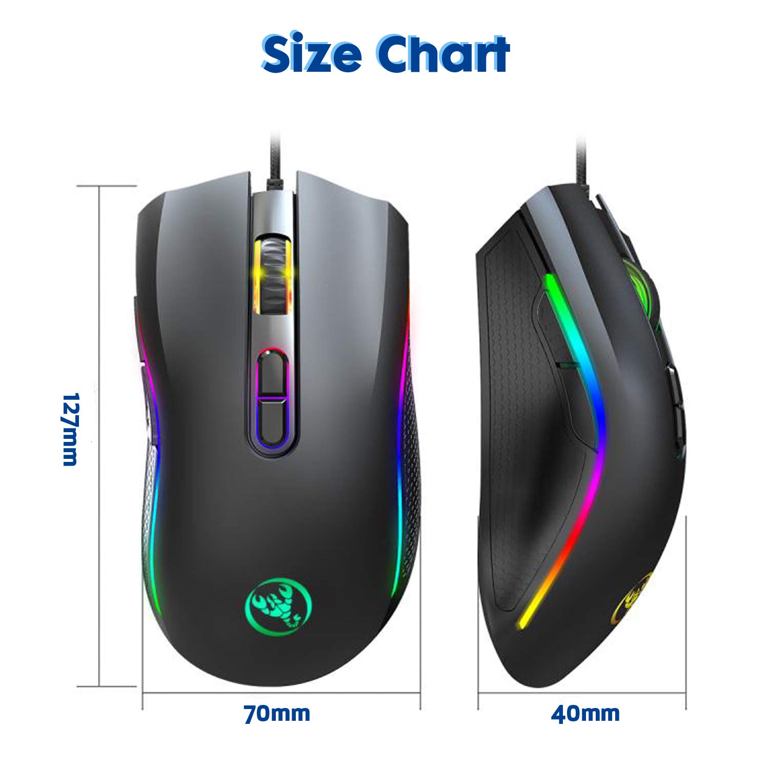 TKOOFN RGB Gaming Mouse, 6 DPI (1000/1600/2400/3200/4800/7200) Optical LED Wired Mouse with Programmable 7 Keys RGB Marquee Effect Light, Ideal for Computer Games & Daily Use