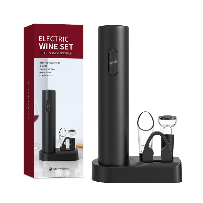 RUIVOKUR Electric Wine Opener Set, Battery Operated Wine Bottle Opener, Automatic Corkscrew Wine Opener with Foil Cutter, Vacuum Stopper, Aerator Pourer, Storage Base, Wine Opener Gift Set