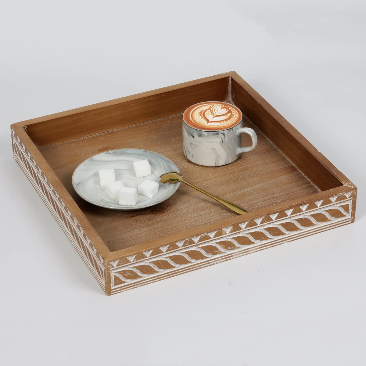 Thewense 12"x12" Farmhouse Decorative Ottoman Coffee Table Accent Tray,Perfect for Storage and Display, Small Square Wood Serving Tray for Office, Kitchen, Dining Room (Square Brown)