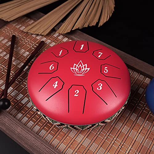 Yamaer Steel Tongue Drum 8 Notes 6 Inches Steel Hand Drum C-Key with Bag, Music Score, Drumsticks. (red)