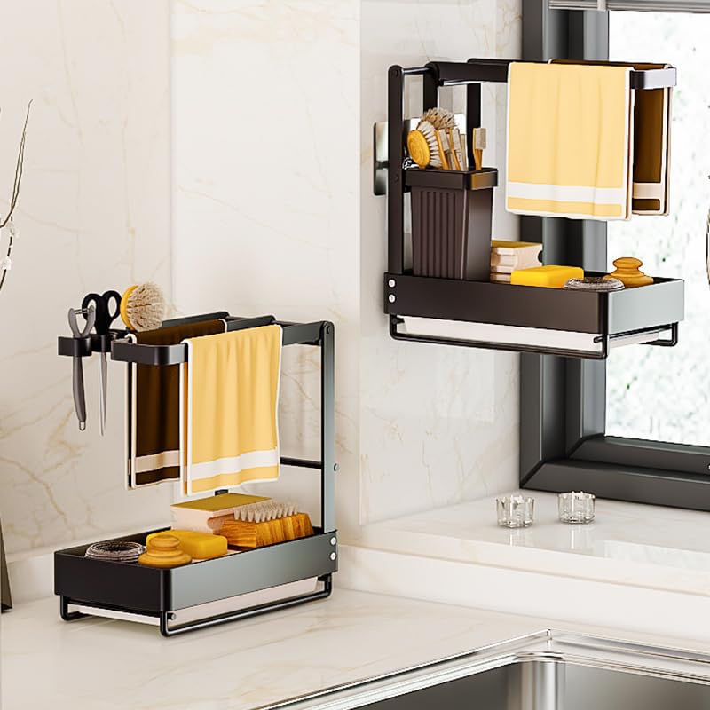 Triflice 4-in-1 Sink Caddy, Foldable Kitchen Sink Organizer with Drain Pan Tray, 2 Ways Install Rustproof Movable Sponge Holder - Dish Brush Holder, Sponge Holder for Kitchen Sink (Cup Not Included)