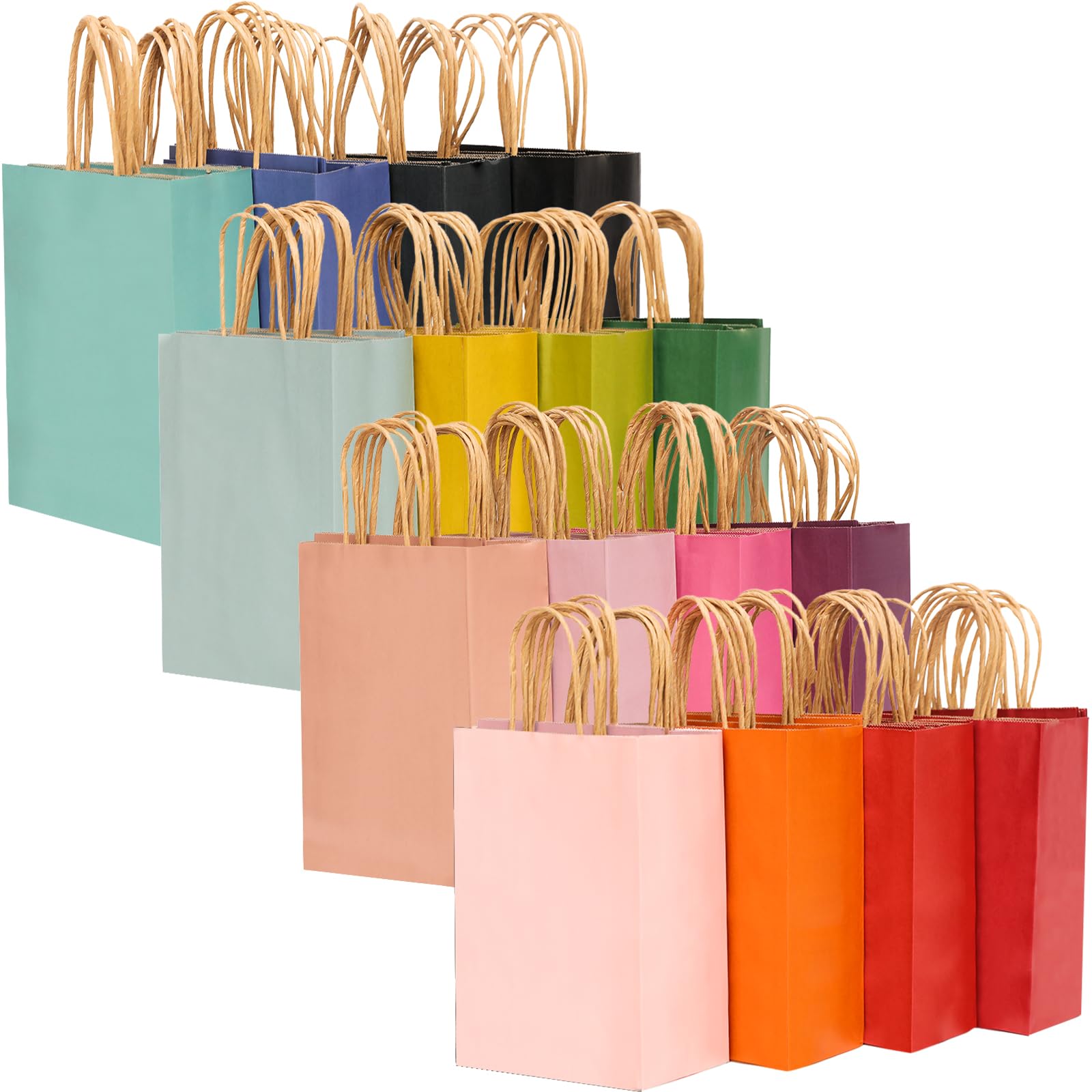 qiqee 32-Packs Paper Bags with Handles Bulk 7.6"x4.75"x10.5" Medium Gift Bags 16 Different Senior Color Bags Multiple Uses(Medium Size)