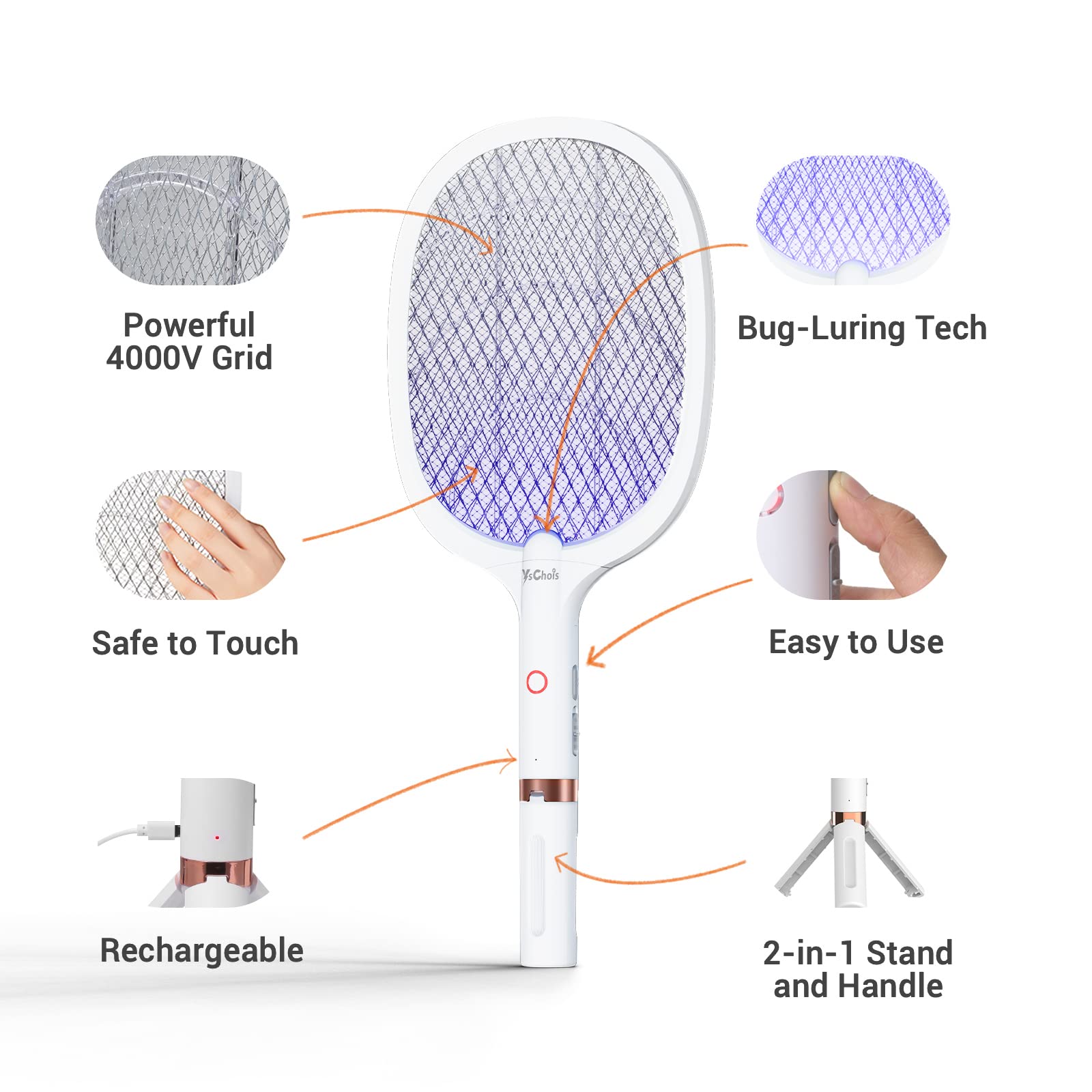 YsChois Electric Fly Swatter Racket, Rechargeable Fly Zapper - 4000 Volt, Exclusive 2-in-1 Bug Zapper Racket - USB Charging, 1800mAh Li-Battery, Indoor & Outdoor Use, White