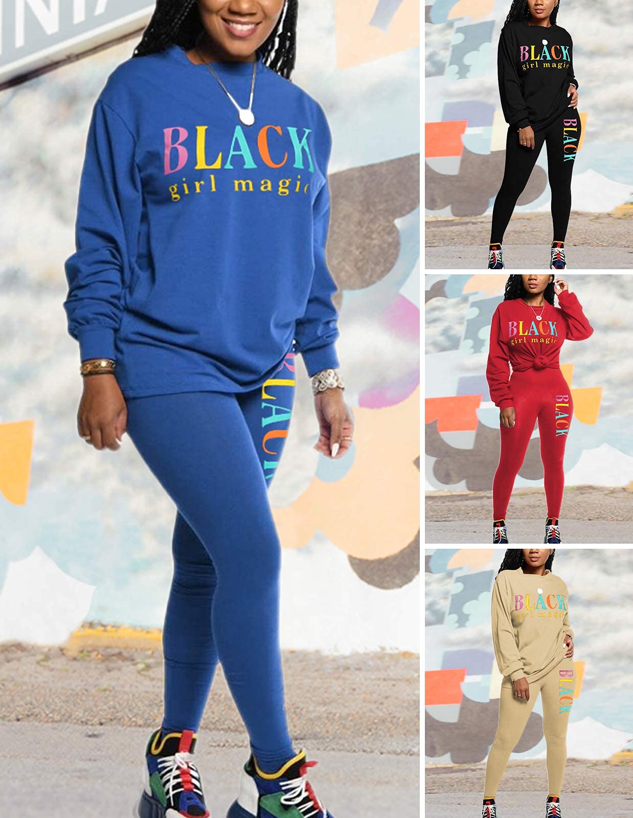 Wuitrie Women's 2 Piece Tracksuit Long Sleeve Pullover Letter print Top and Long Pant Outfits