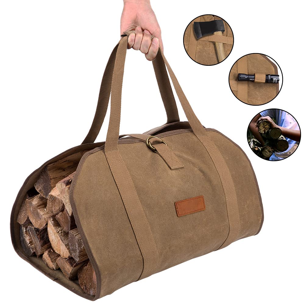 Vcedas Heavy Duty Waxed Canvas Log Carrier Tote Bag, Firewood Holder, Fireplace Stove Accessories Storage Bag (Khaki)