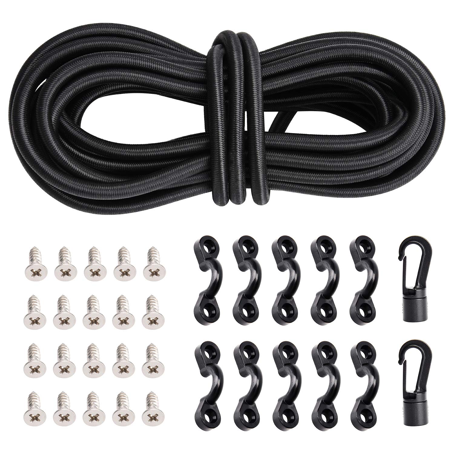 TOBWOLF Kayak Bungee Kit, Kayak Stretch String Rope, Deck Rigging Accessory with 5m 6mm Elastic Bungee Cord Rope, 2 Hooks, 10 Buckles & 20 Stainless Steel Screws for Kayaks, Canoes, Boats