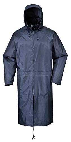 Portwest S438 Men's Waterproof Raincoat - Lightweight Long Rain Jacket with Hood and Pockets Navy, Large