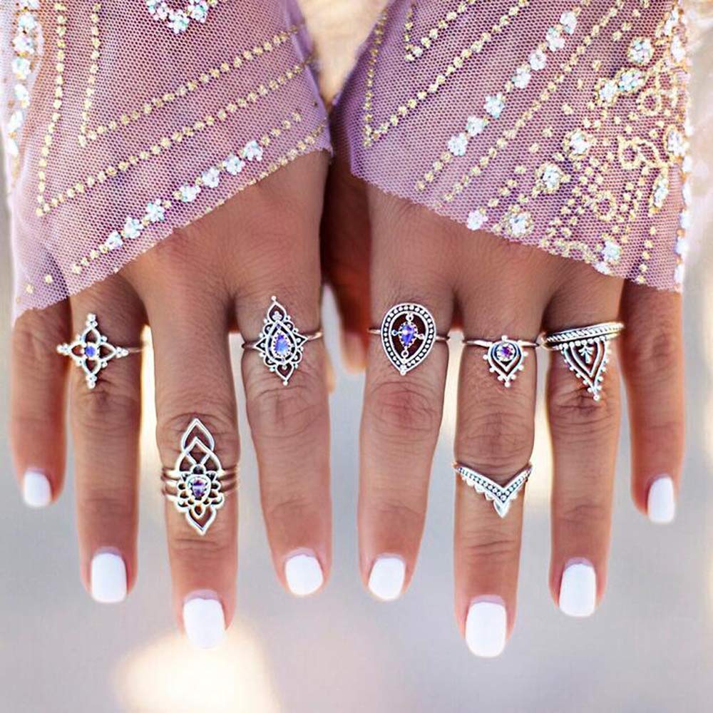 YERTTER Boho Gem Stacking Rings Set Gemstone Joint Knuckle Ring Set Vintage Mid Rings for Women and Girls (7pcs Purple)