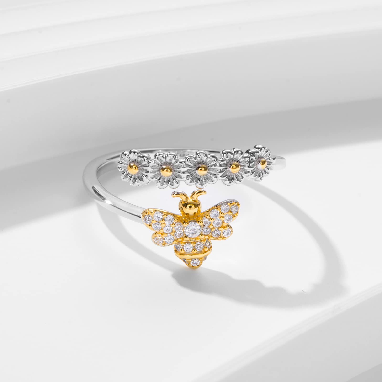 ZNS, Sterling Silver Daisy Bee Ring Simple Flower Ring Stacking Rings for Women Girls