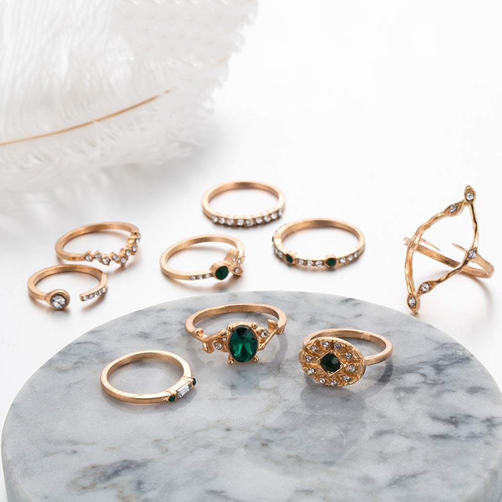 YERTTER Men 9 pcs Vintage Gold Ring Set Green Gem Rings Set Craved Rings Set Joint Knuckle Ring Set Finger Rings Stackable Retro Mid Rings for Women and