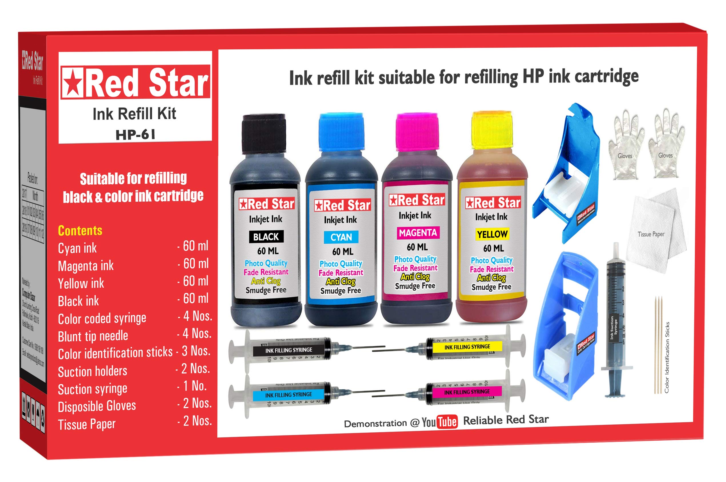 Red Star Multi Color Ink Refill kit with Suction Prime Holder Suitable for HP 63 62 61 60 64 65 67 901 Black & Color Ink Cartridge Combo Pack with 240 ml Ink, Tools & Instructions