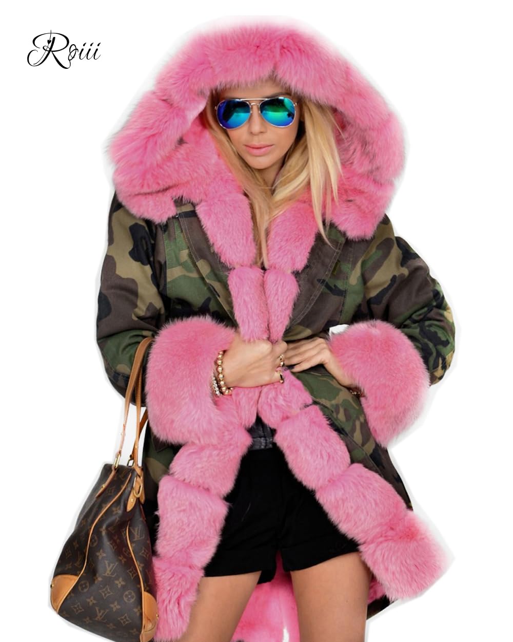Roiii Womens Hooded Camouflage Warm Winter Coats Faux Fur Jacket Parka Overcoat(Medium,Pink)