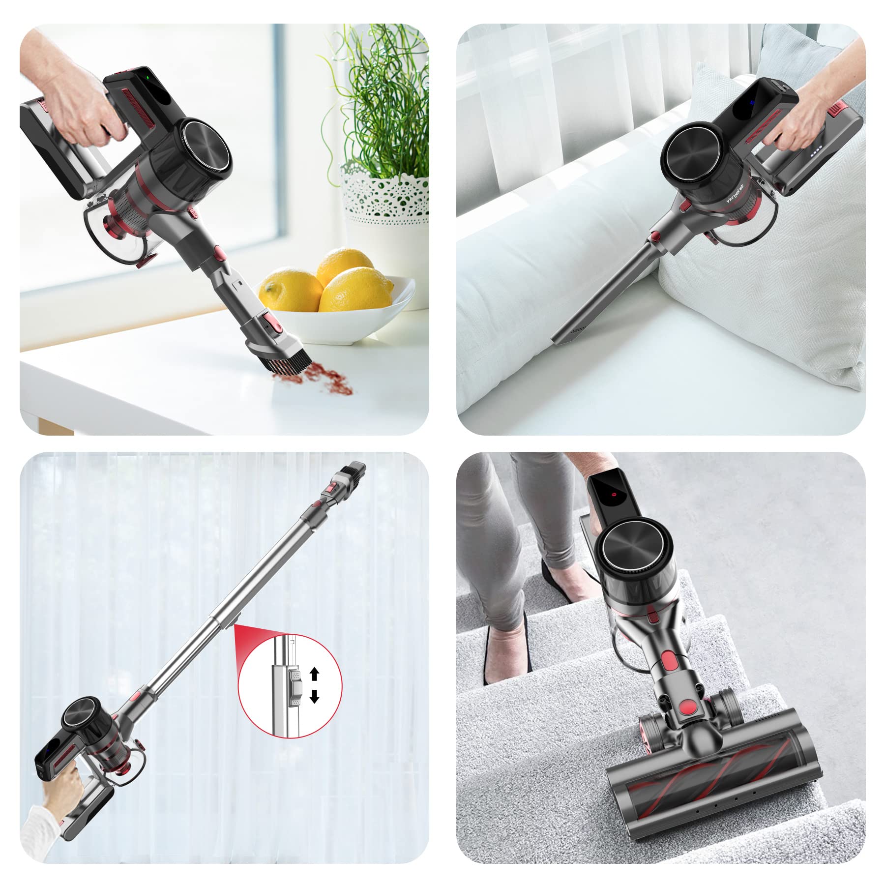Yunjetek Cordless Vacuum Cleaner, 300W Brushless Motor with 26Kpa Powerful Suction Stick Vacuum, Up to 45Mins Max Runtime Detachable Battery (Red)