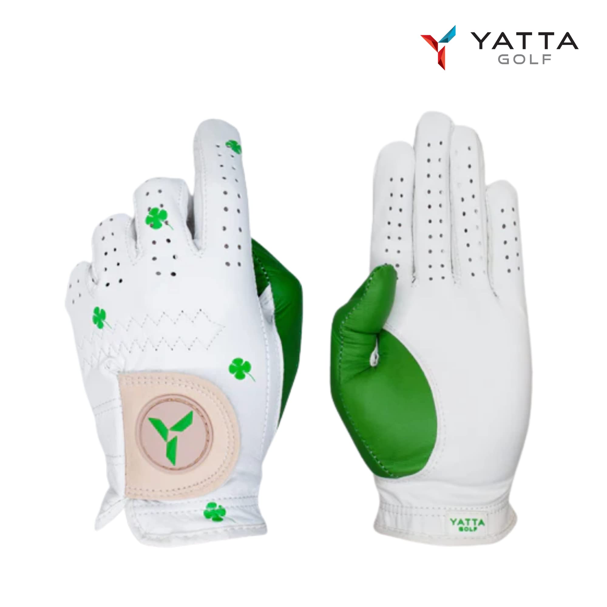 YATTA GOLF Men's Premium Left Hand Golf Glove – Comfortable, Durable, Precisely Cut, & True-to-Form Fit Cabretta Leather Golfing Glove – Lucky Green Glove with Clover-Leaf Pattern (Medium)