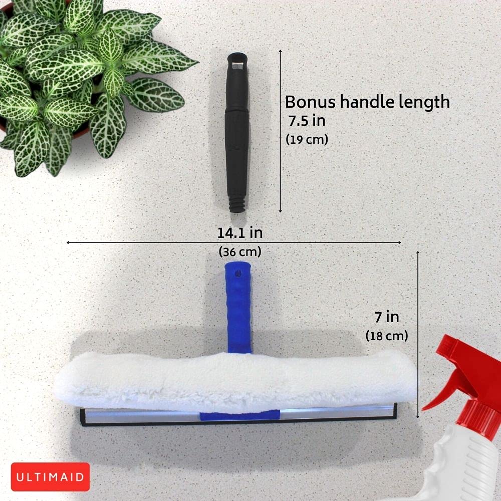 ULTIMAID Window Cleaner Combi β 2 in 1 Squeegee and Scrubber with Rubber Blade Includes Handle for Indoor and Outdoor Glass Cleaning 14 inches