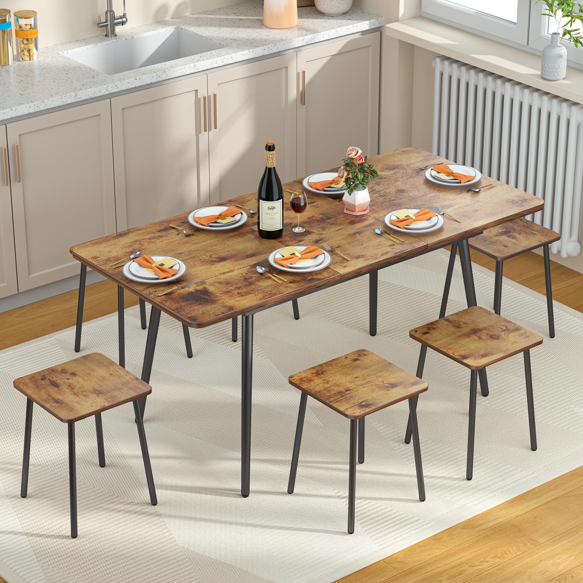 Qsun 7-Piece 63" Extendable Dining Table Set for 4-6 People, Dining Table Set with 6 Chairs, Dining Room Table for Kitchen, Children Protective Design, Rustic Brown