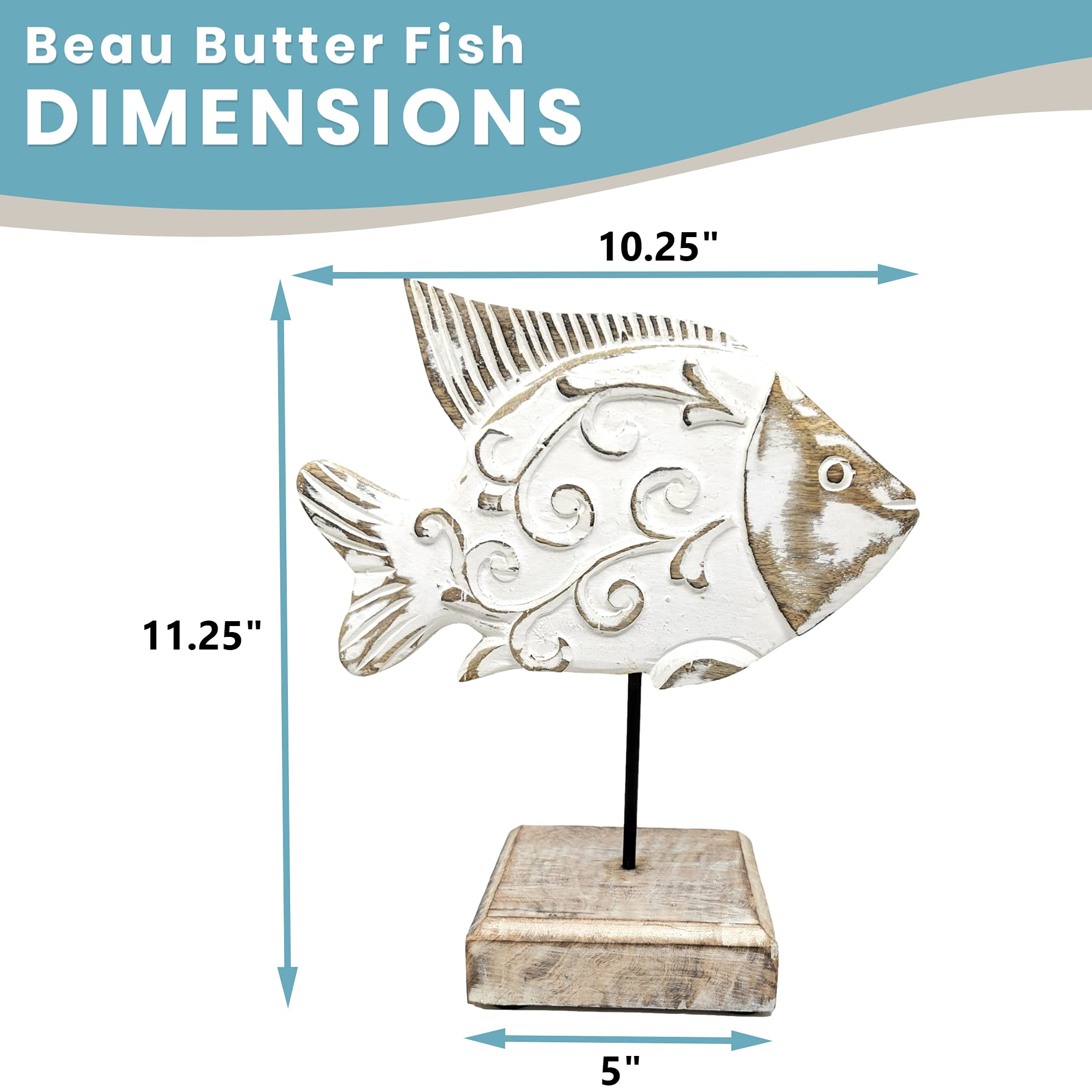 Wooden Fish Sculpture Home Decor | Handmade Beau Butter Fish Statue on Base Stand | Nautical Beach House Decor Rustic Centerpiece Table Decor for Office, Living Room (Beau Butter Fish)