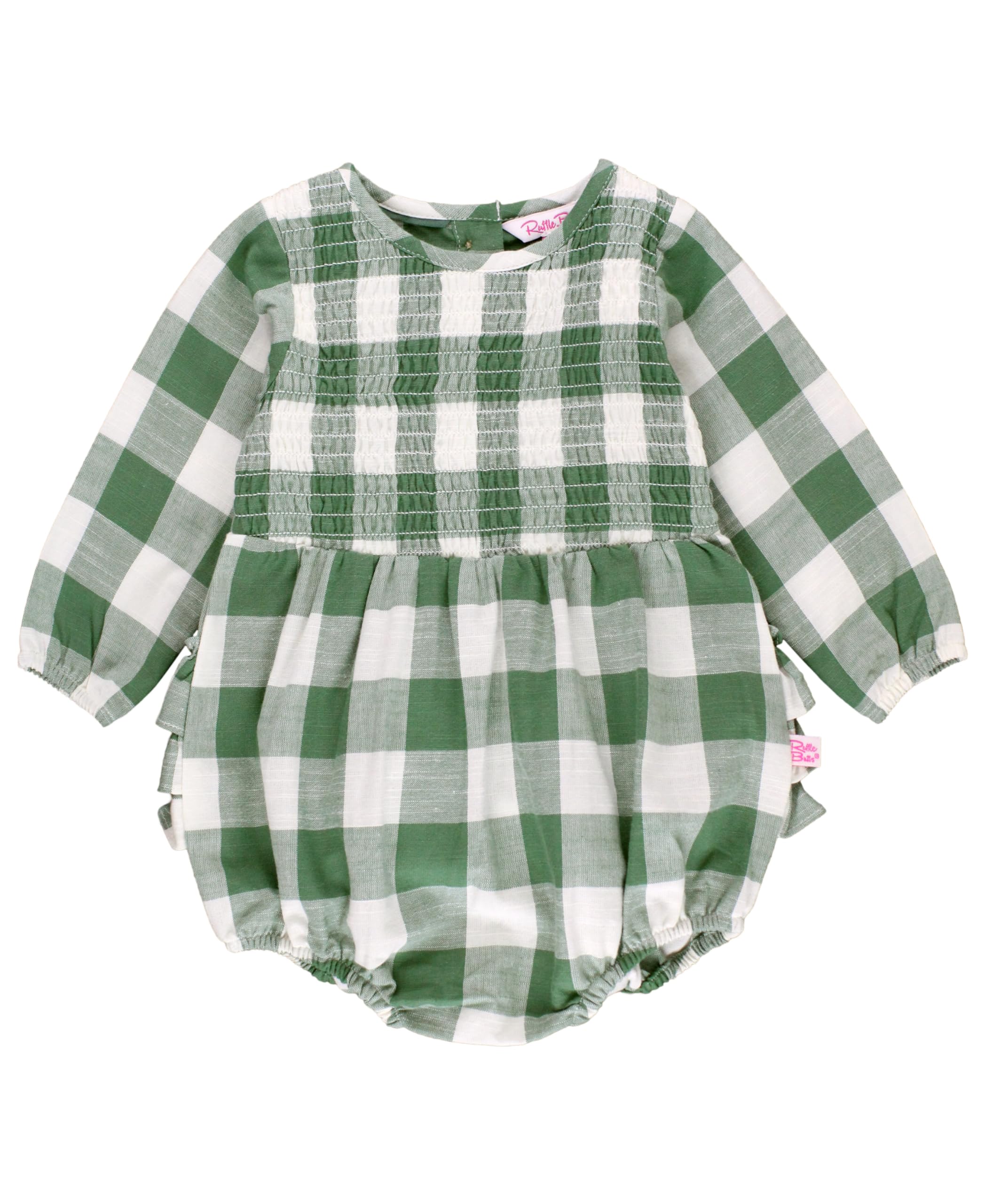 RuffleButts Dark Ivy Plaid Long Sleeve Smocked Bubble Romper - 12-18m