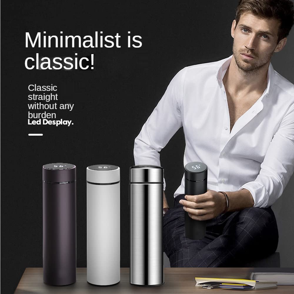 Thermos Cup Coffee Thermos Bottle Coffee mugstainless Steel Cup Vacuum Insulated Cup With temperature display Keep Drinks Hot or Cold Water Bottle, Tea Infuser Bottle (Silver 500ML)