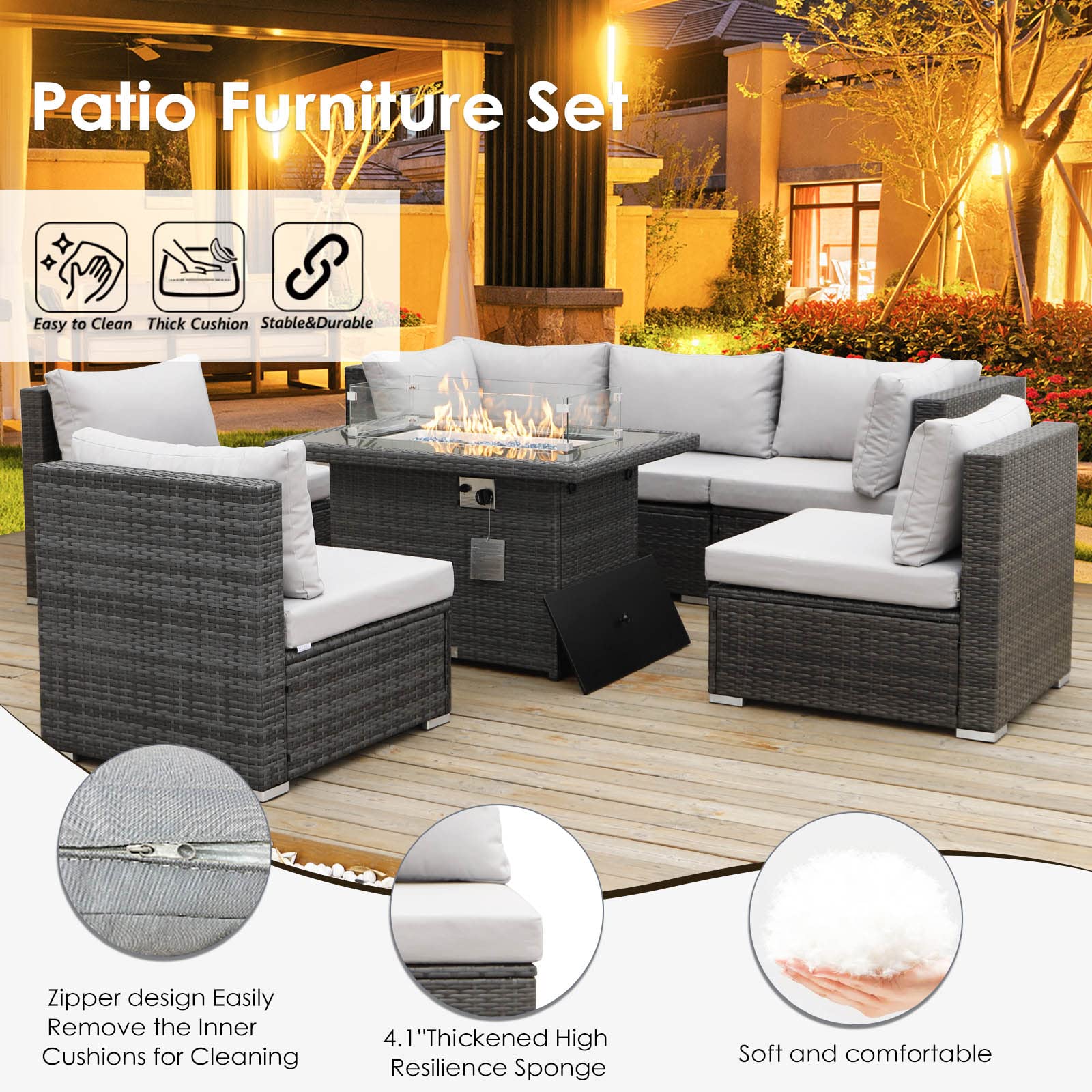 RADIATA PE Wicker Patio Furniture Set Sectional High Back Large Size Sofa Sets with Propane Fire Pit Table 55000 BTU Balcony Rattan Lounge Conversation Sets for Outdoor (7 Pieces,Light Gray)