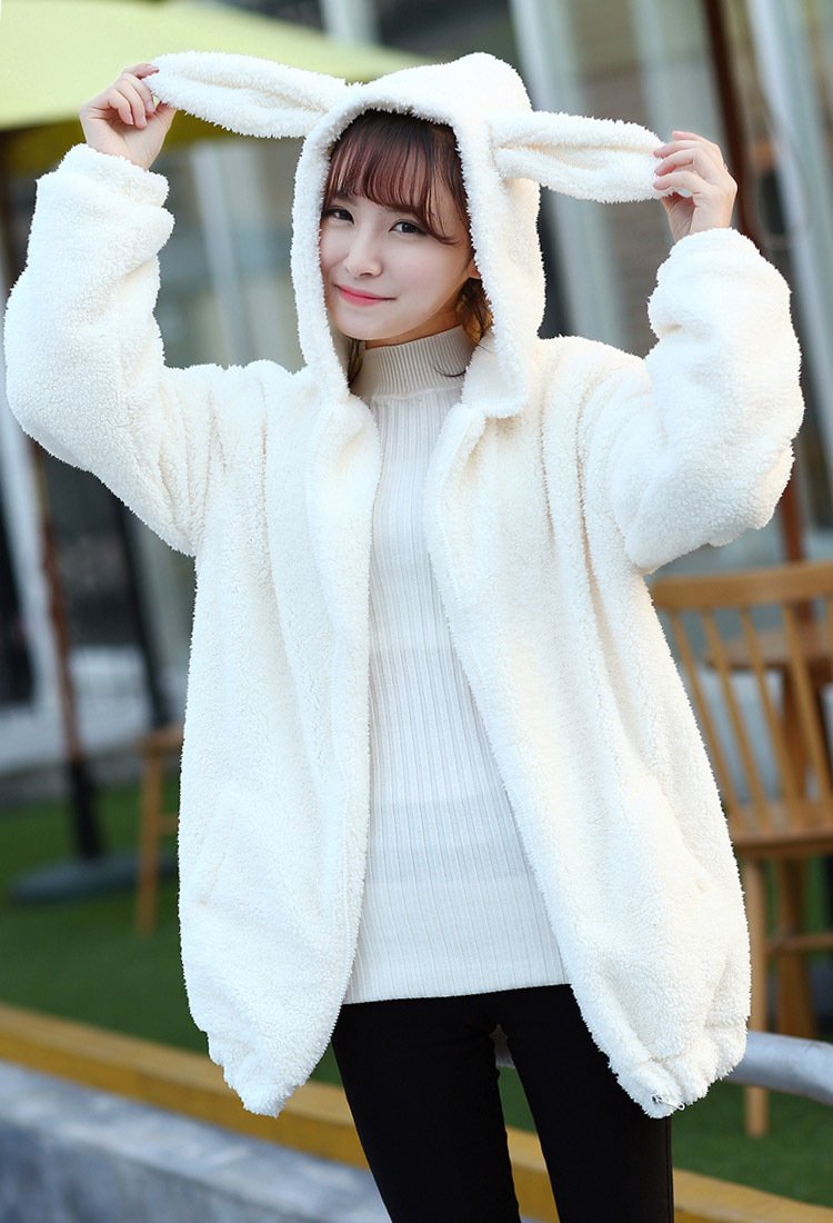 Women Bunny Ears Hoodie Fluffy Bunny Sweatshirt Top Coat Long Sleeve Kawaii Clothes Cute Hoodies Jacket (Bunny White)