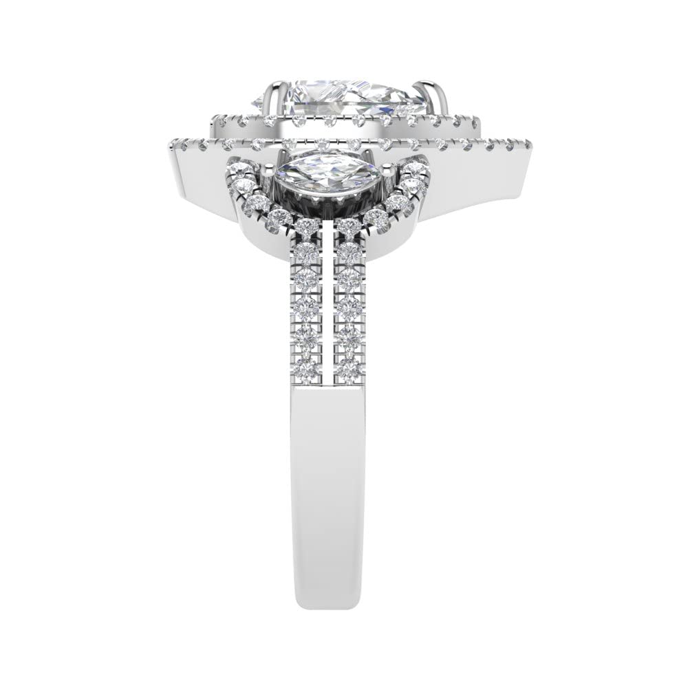 Sterling Silver Cubic Zirconia Dainty Two Piece Pear and Marquise Shaped Halo Engagement Ring CZ Trio Ring Stackable Bridal Set (Size 7)