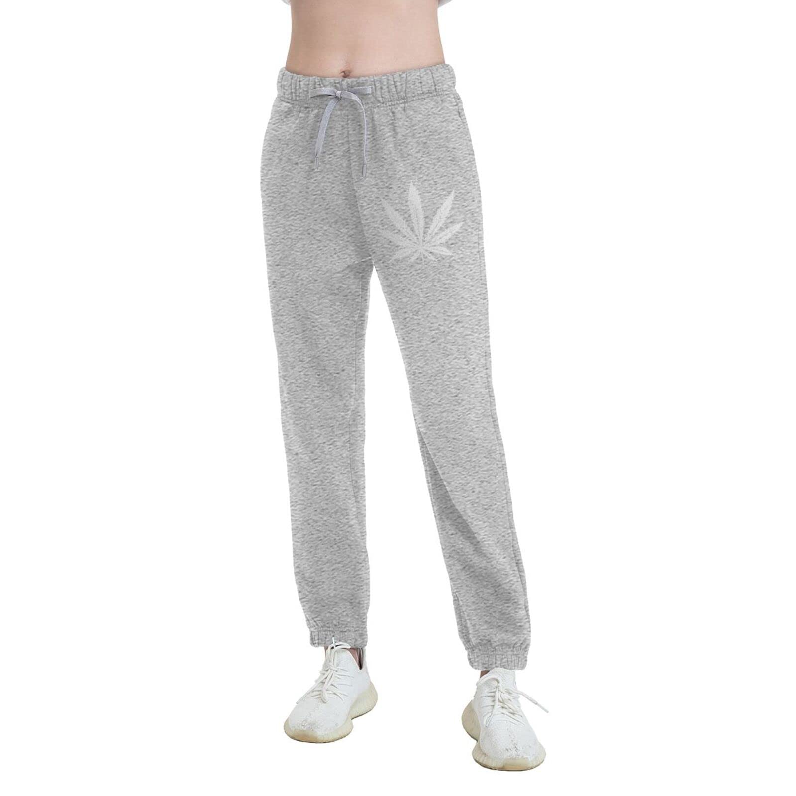 White Weed Leaf Women's Casual Yoga Sweatpants Athletic Workout Elastic Waist Jogger Pants Large