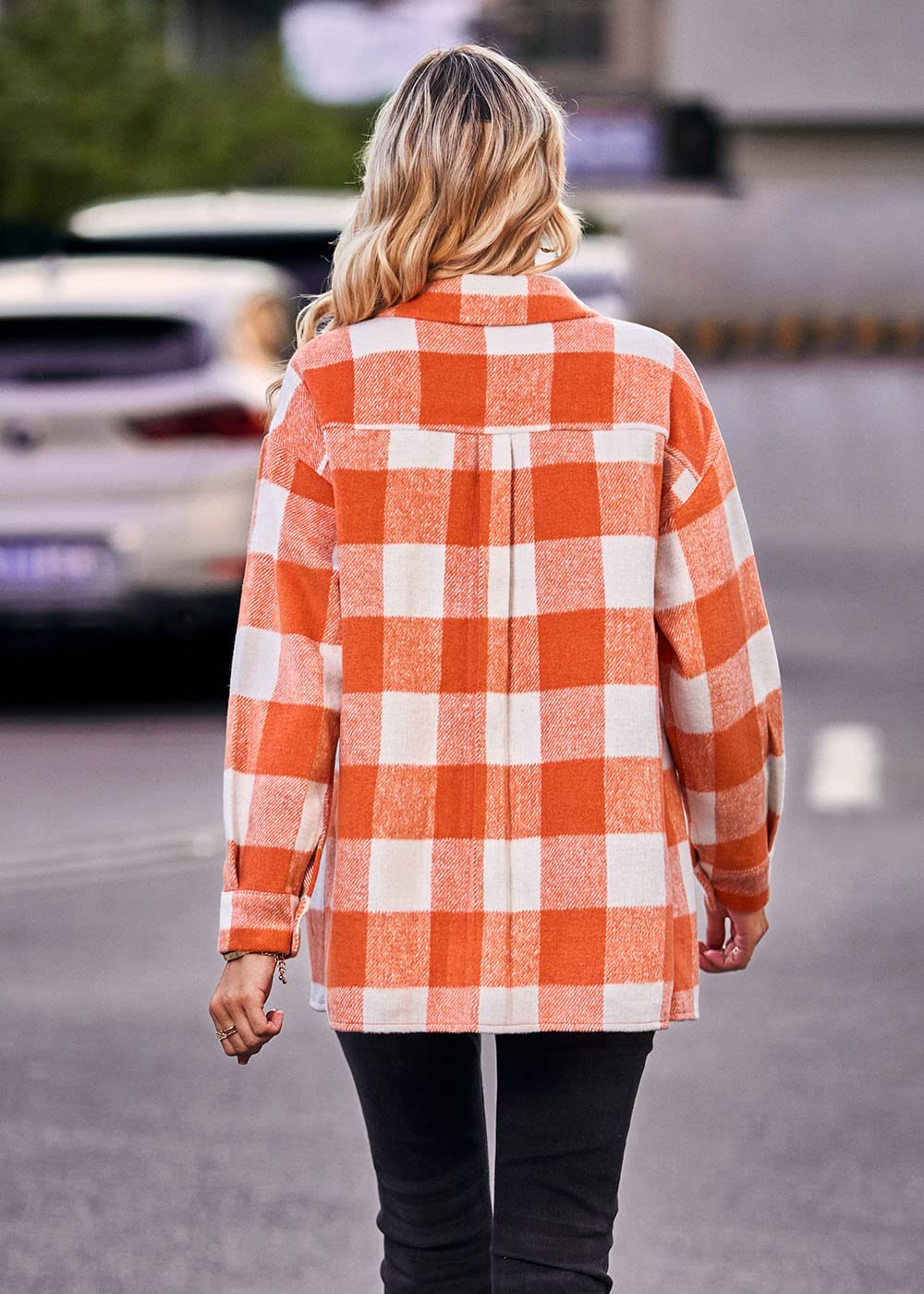 PRETTYGARDEN Women's 2024 Fall Clothes Plaid Shacket Jacket Long Sleeve Button Down Flannel Shirts Fashion Blouse (Plaid Orange White,Large)