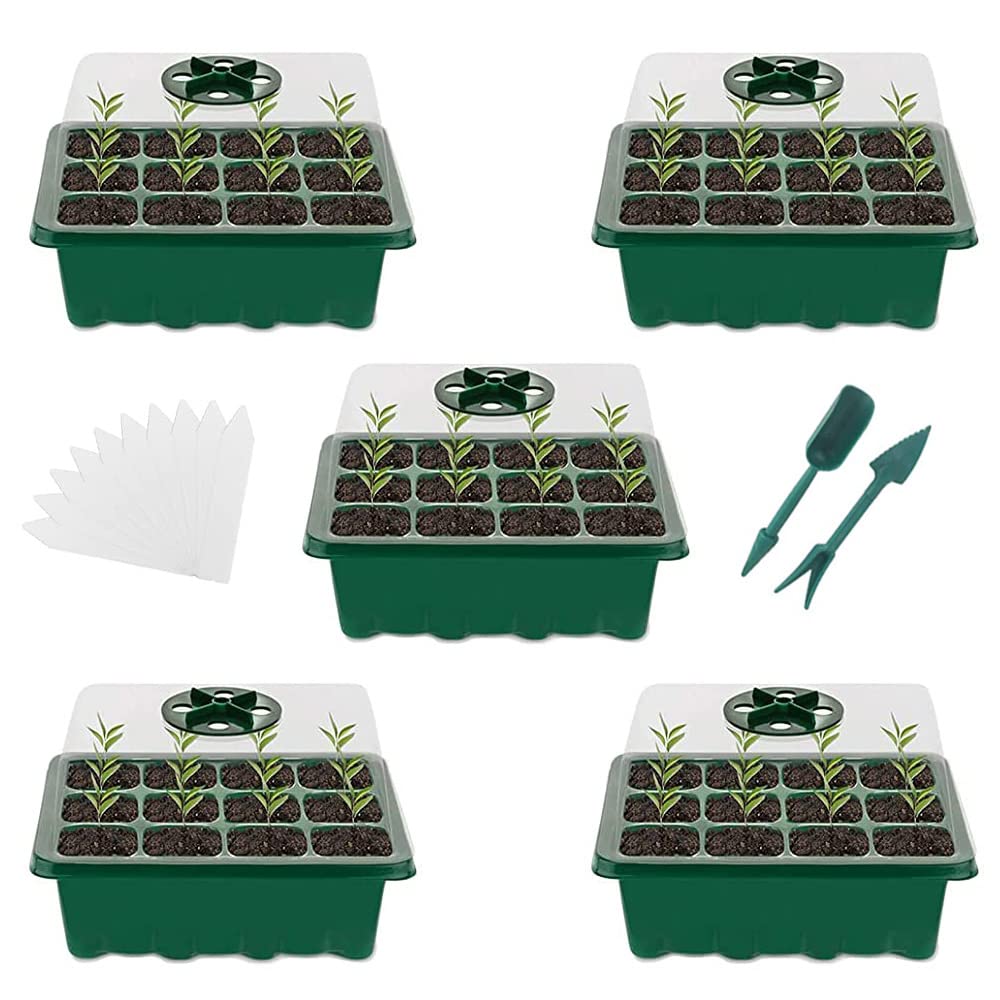 Rigute 5 Packs Seed Starter Tray,60 Cells Seedling Starter Kits,Trays Seed Starter Kit with Humidity Dome,Mini Propagator Plant Grow Kit for Greenhouse Gardens