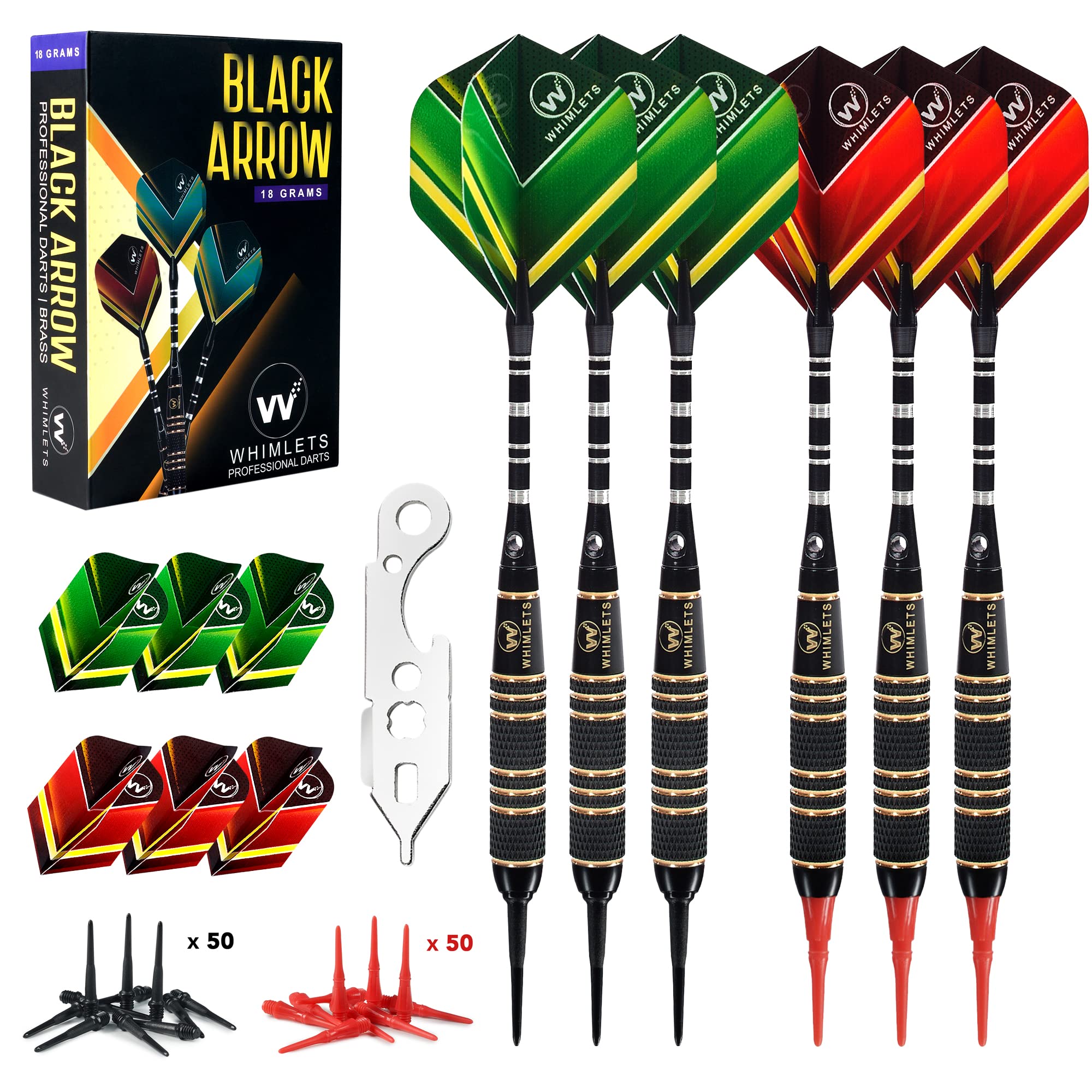 Whimlets Soft Tip Darts for Electronic Dart Board – Professional Plastic Tip Darts Set with 100 Extra Tips, Flights, Aluminum Shafts with O'Rings, Dart Tool, Stylish Case, Great Gift for Players