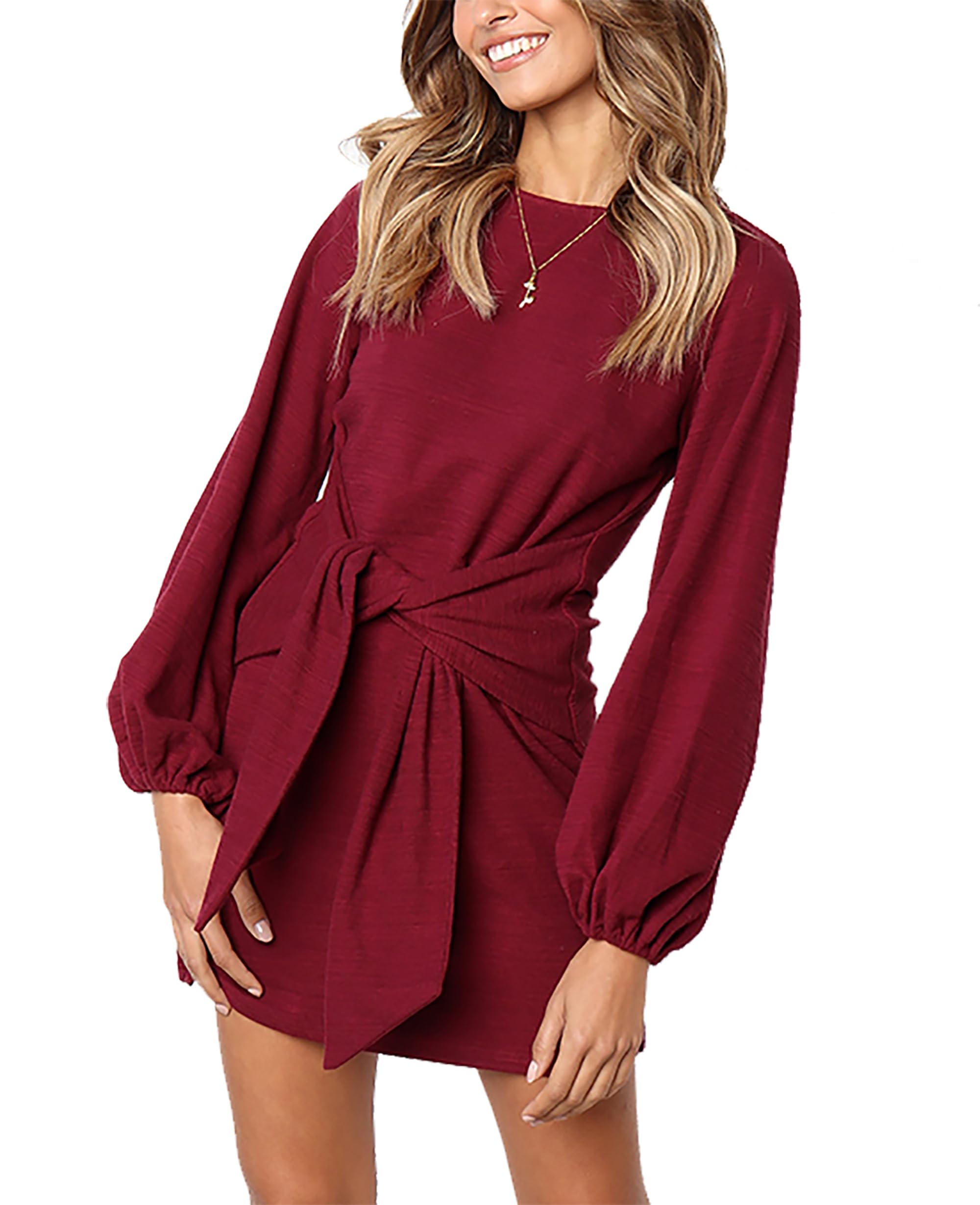 PRETTYGARDEN Women's Elegant Long Lantern Sleeve Short Dress Crewneck Tie Waist Knit Cocktail Dress (Wine Red,Small)