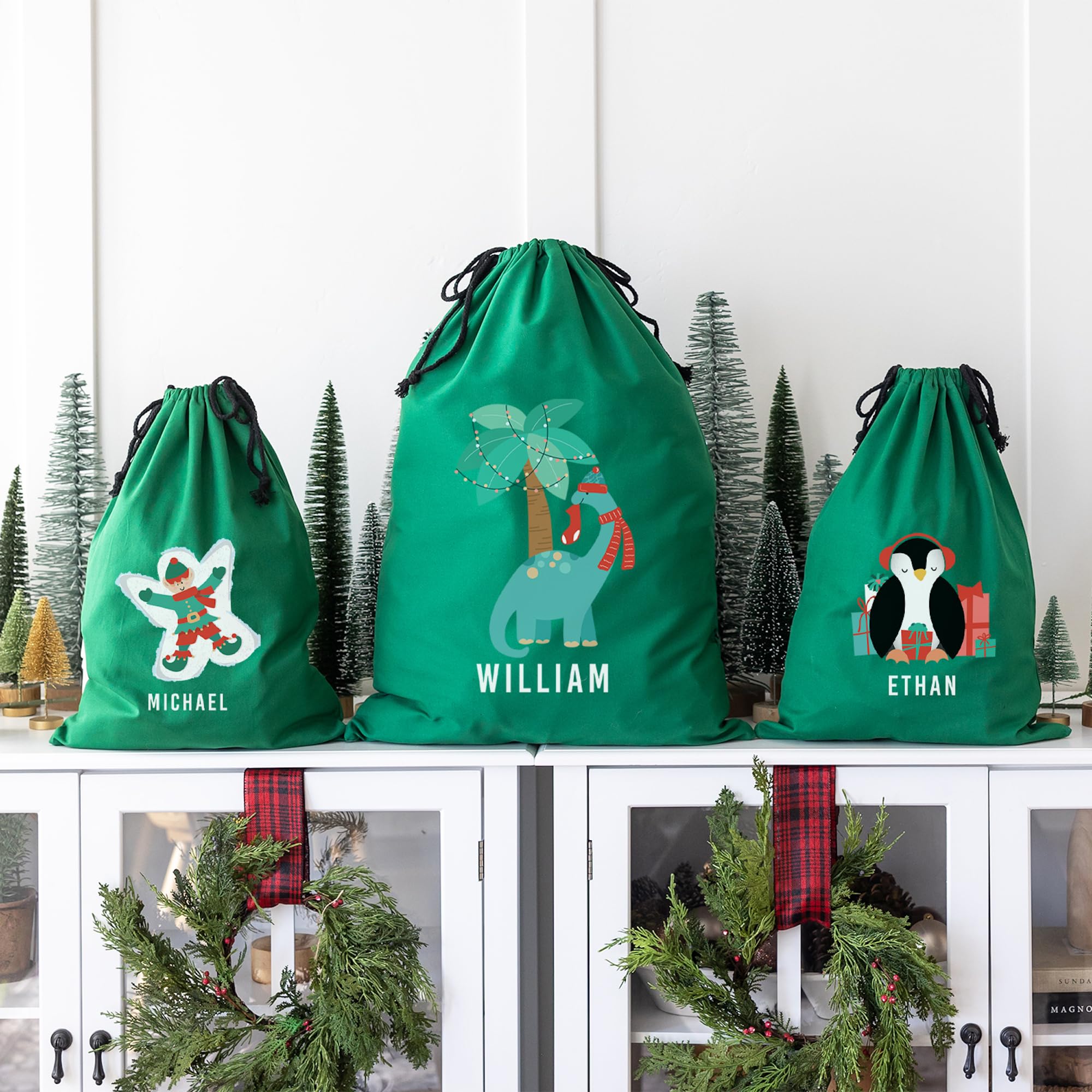 Qualtry Personalized Santa Sack Christmas Bag for Kids Presents (Reindeer Design, Green 19.5" x 26") - Large Cotton Sack with Drawstring - Giant Toy Bag with Name