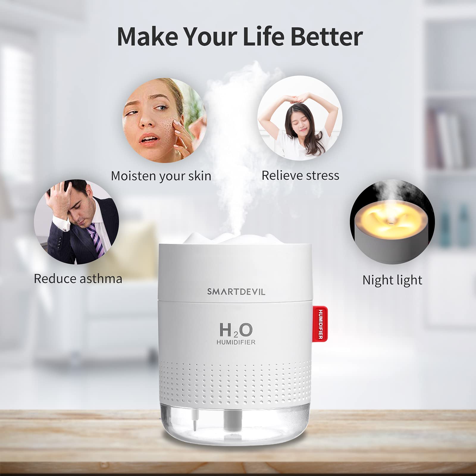 SmartDevil Small Humidifiers, 500ml Desk Humidifiers, Whisper-Quiet Operation, Night Light Function, Two Spray Modes,Auto Shut-Off for Bedroom, Babies Room, Office, Home (White)