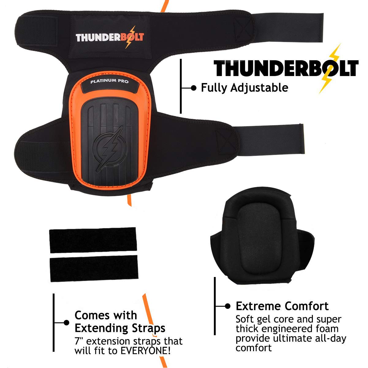 Thunderbolt Knee Pads for Men Construction Knee Pads for Work Knee Pads for Men and Women Gel Knee Pads Gardening Flooring Roofing Heavy Duty Gel Knee Pads Thick Foam Strong Adjustable Non-Slip Straps