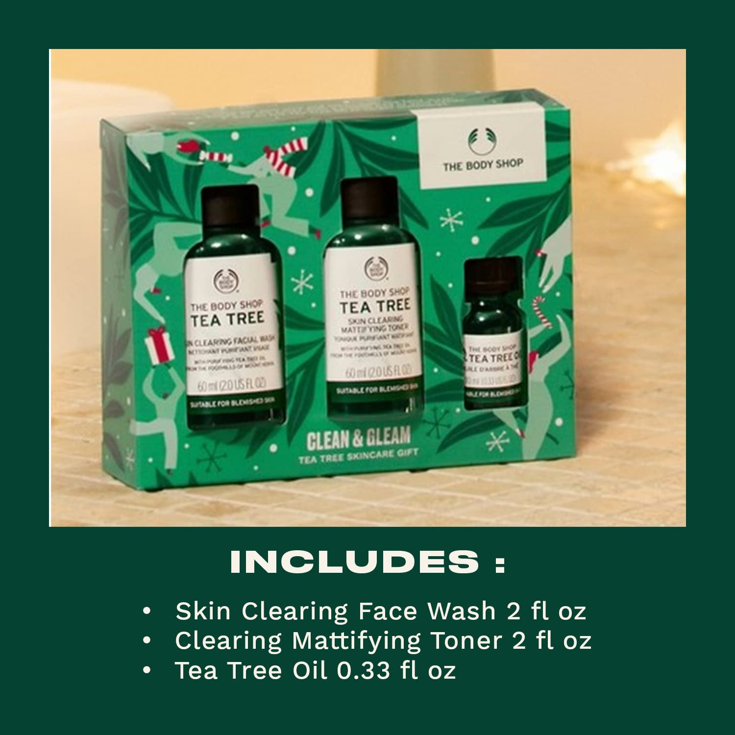 The Body Shop Clean & Gleam Tea Tree Skincare Gift Set, Energize and Fortify, Purifying & Refreshing for Oily, Blemished Skin, Vegan, Fresh, 3 Items