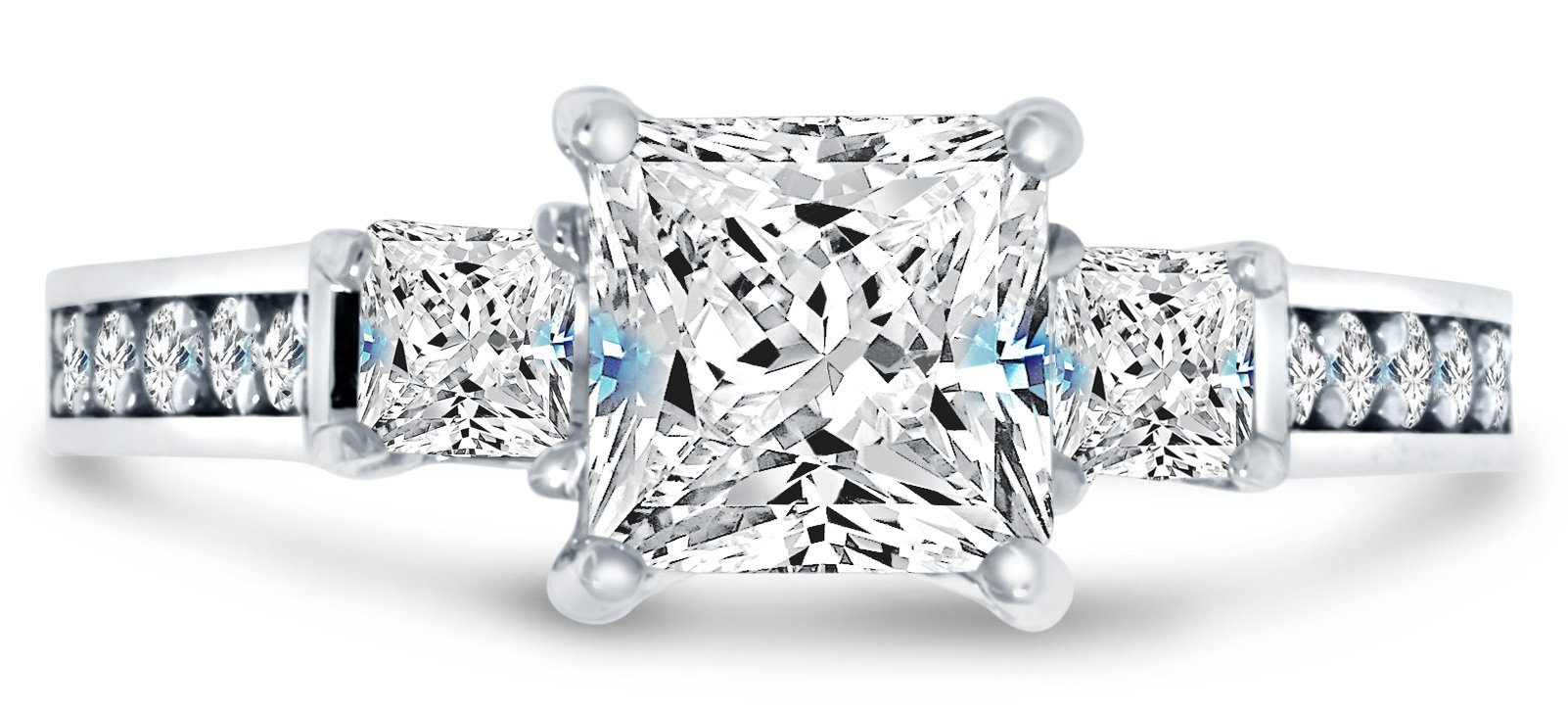 Size 7 - Solid 925 Sterling Silver CZ Cubic Zirconia 3 Three Stone Engagement Ring - Princess Cut Solitaire with Round Side Stones (1.75cttw., 1.5ct. Center) - With Elegant Velvet Ring Box